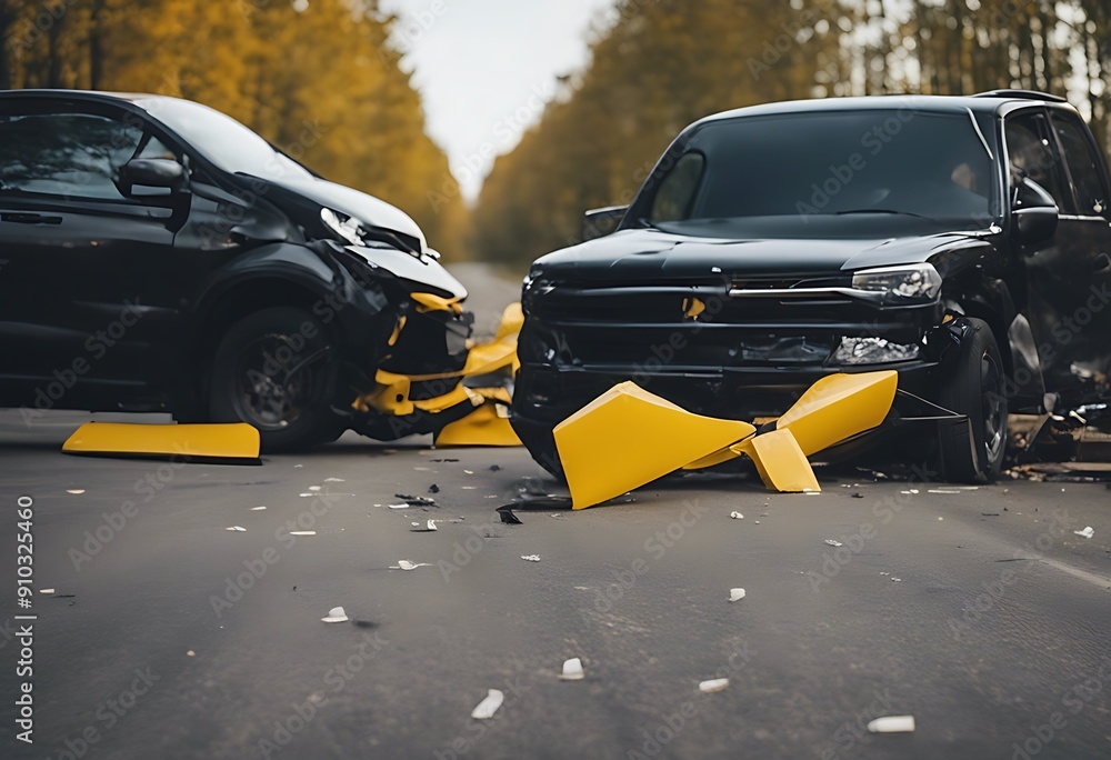 road accident black truck involving yellow car auto automobile bender ...