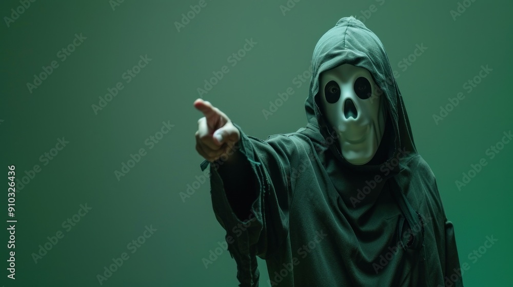 Halloween ghost costume model is pointing at something on a green ...