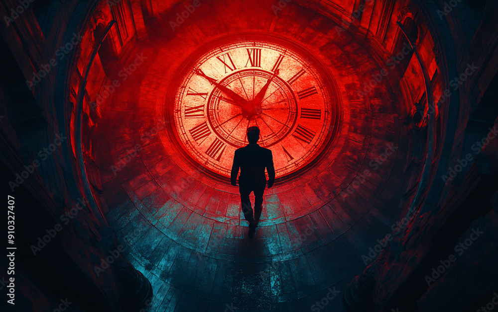 Time Traveler Man walking around large red-illuminated clock face ...