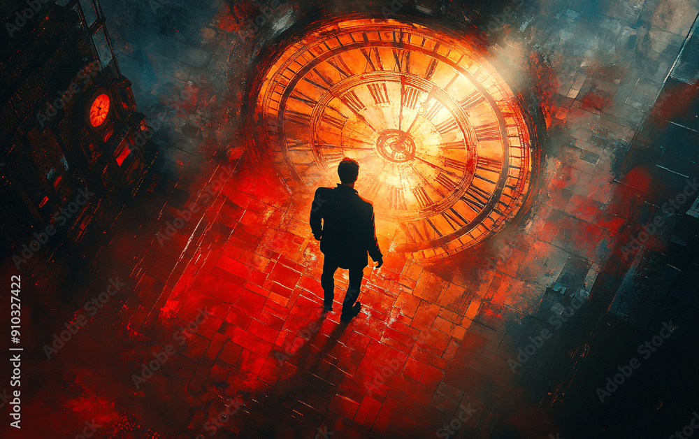 Time Traveler Man walking around large red-illuminated clock face ...