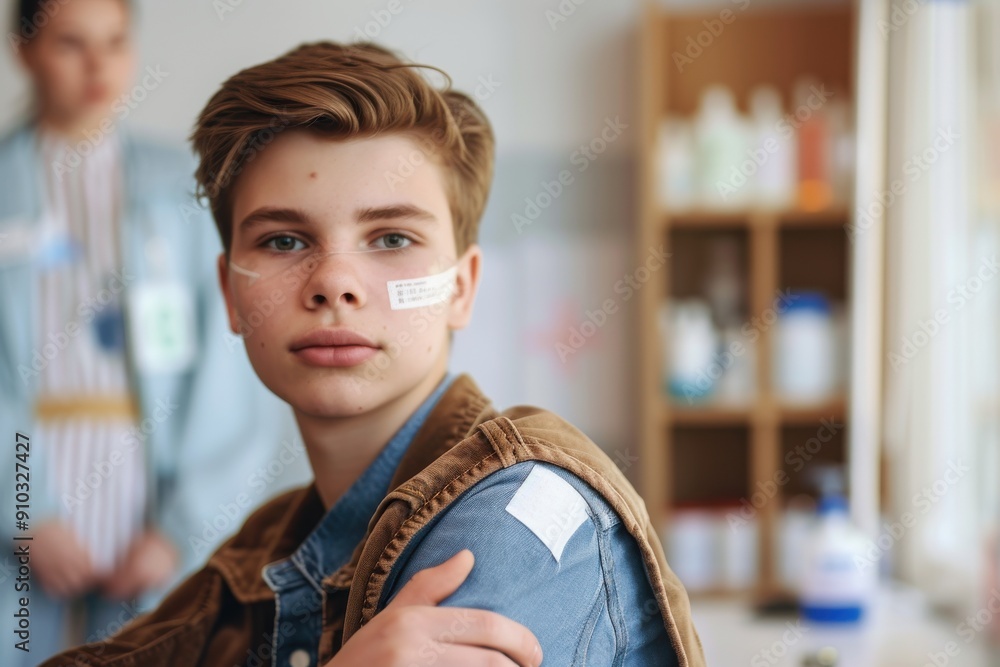 Portrait of teenager patient with band aid on his arm after receiving ...