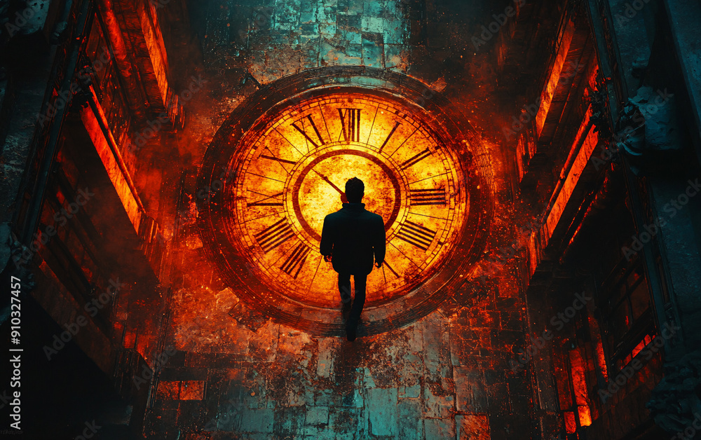 Time Traveler Man walking around large red-illuminated clock face ...
