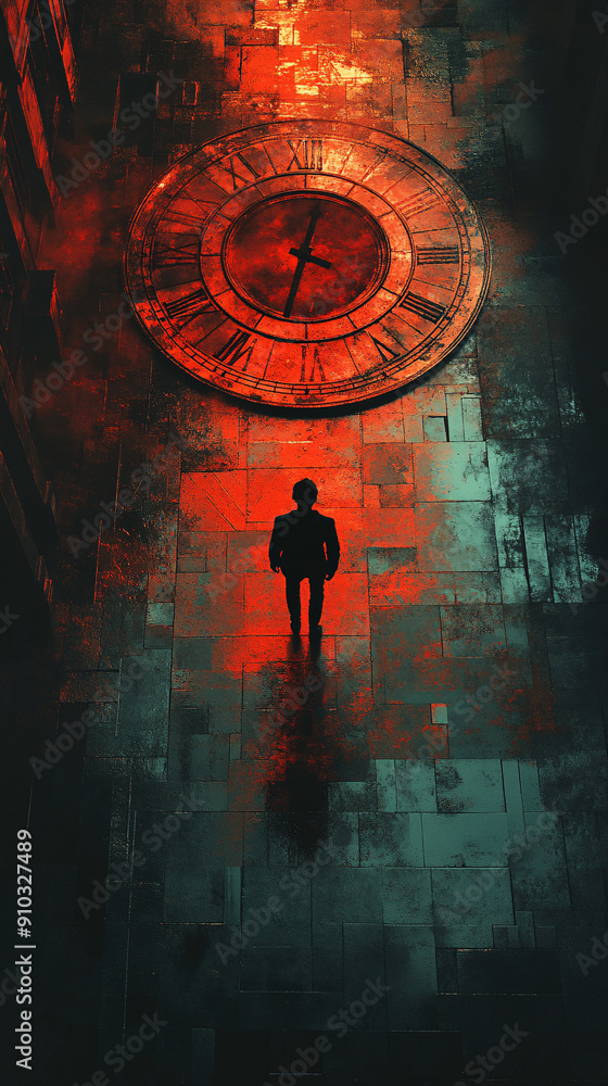 Time Traveler Man walking around large red-illuminated clock face ...