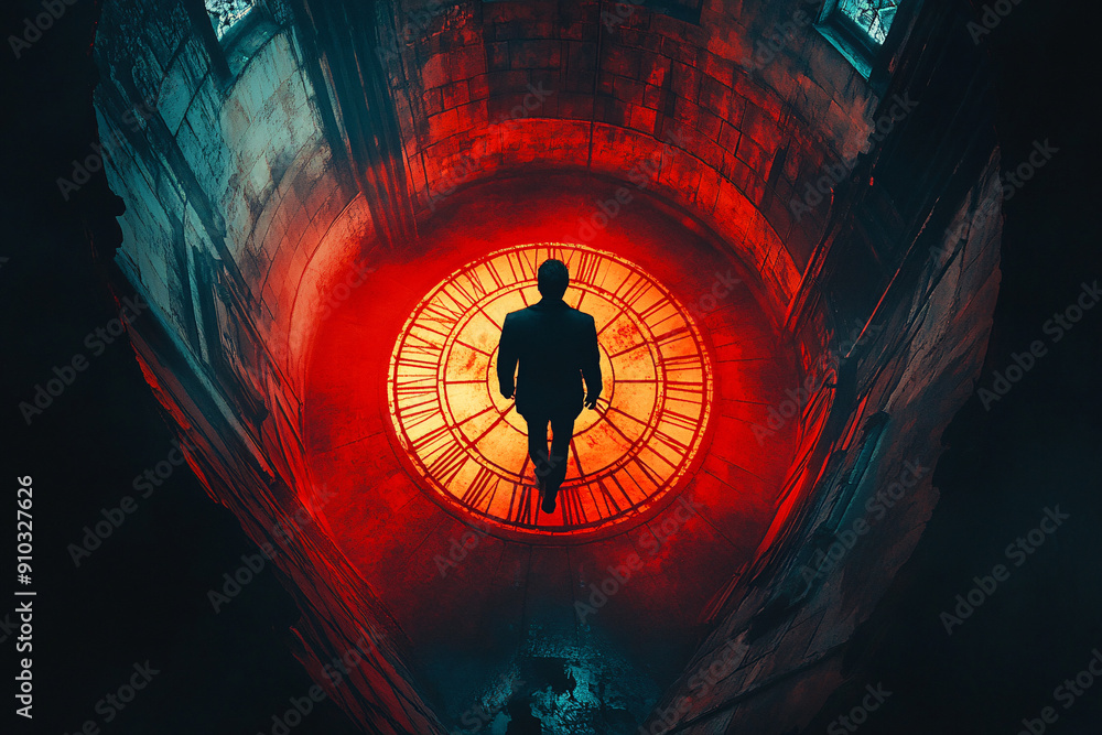 Time Traveler Man walking around large red-illuminated clock face ...