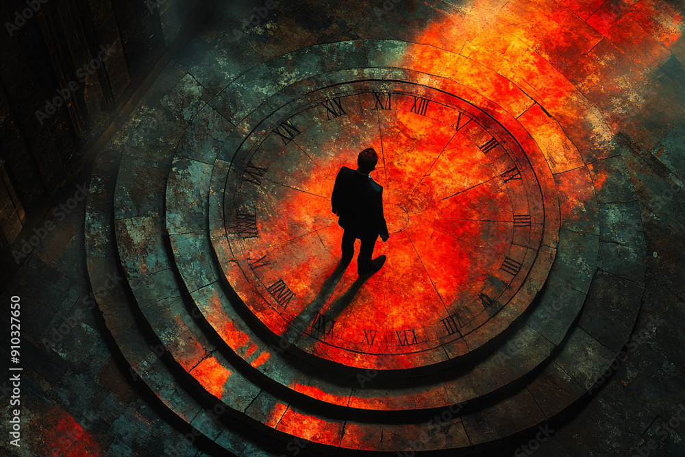 Time Traveler Man walking around large red-illuminated clock face ...