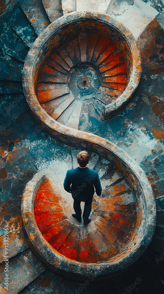 Time Traveler Man walking around large red-illuminated clock face ...