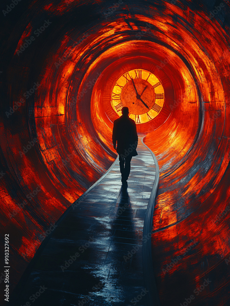 Time Traveler Man walking around large red-illuminated clock face ...