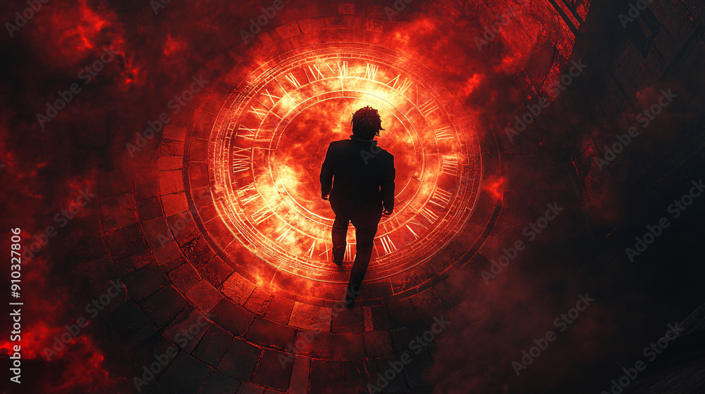 Time Traveler Man walking around large red-illuminated clock face ...