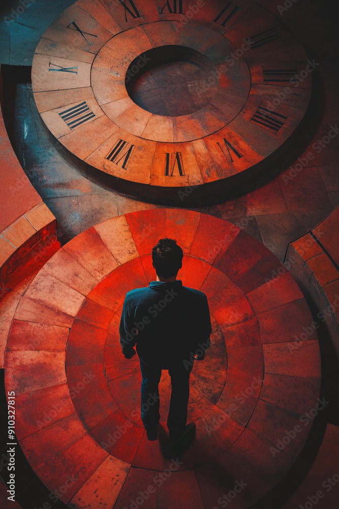 Time Traveler Man walking around large red-illuminated clock face ...