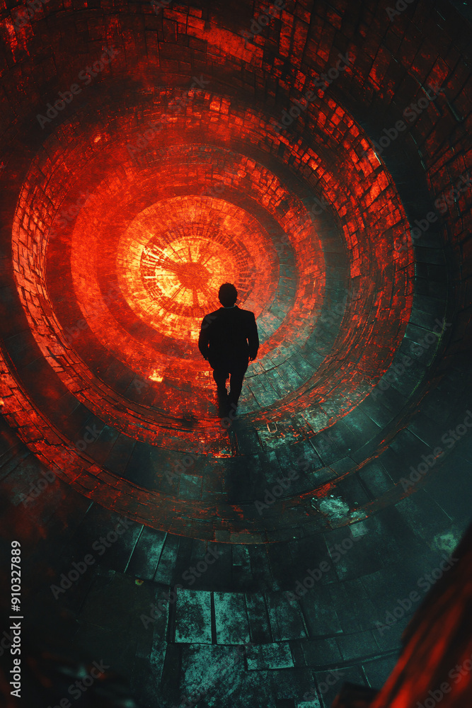 Time Traveler Man walking around large red-illuminated clock face ...