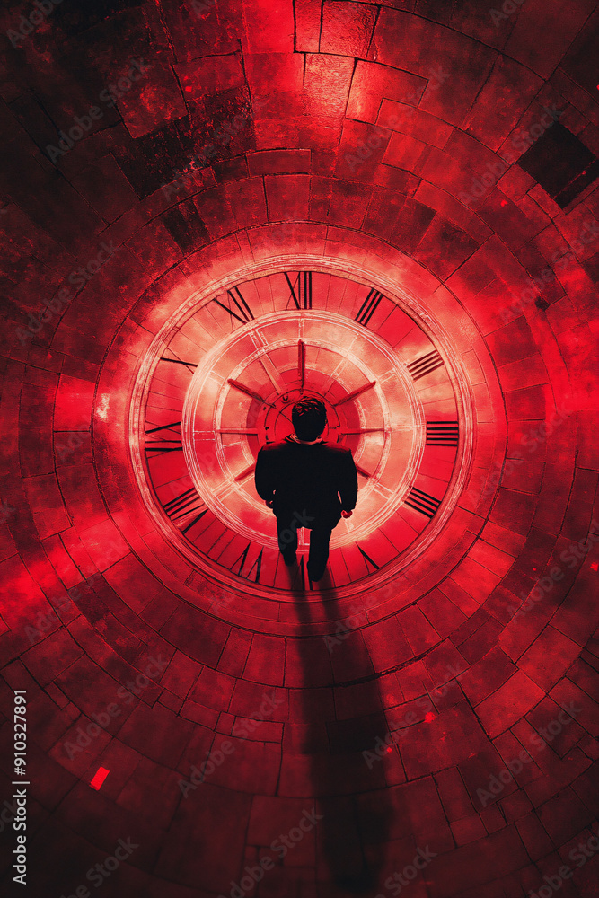 Time Traveler Man walking around large red-illuminated clock face ...