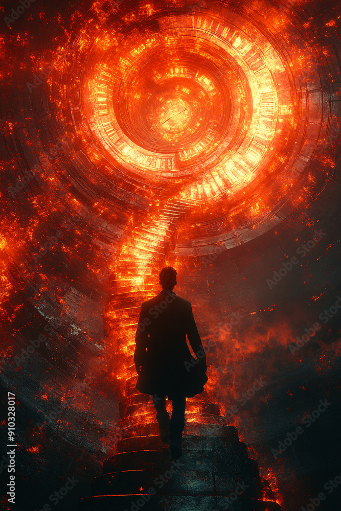 Time Traveler Man walking around large red-illuminated clock face ...