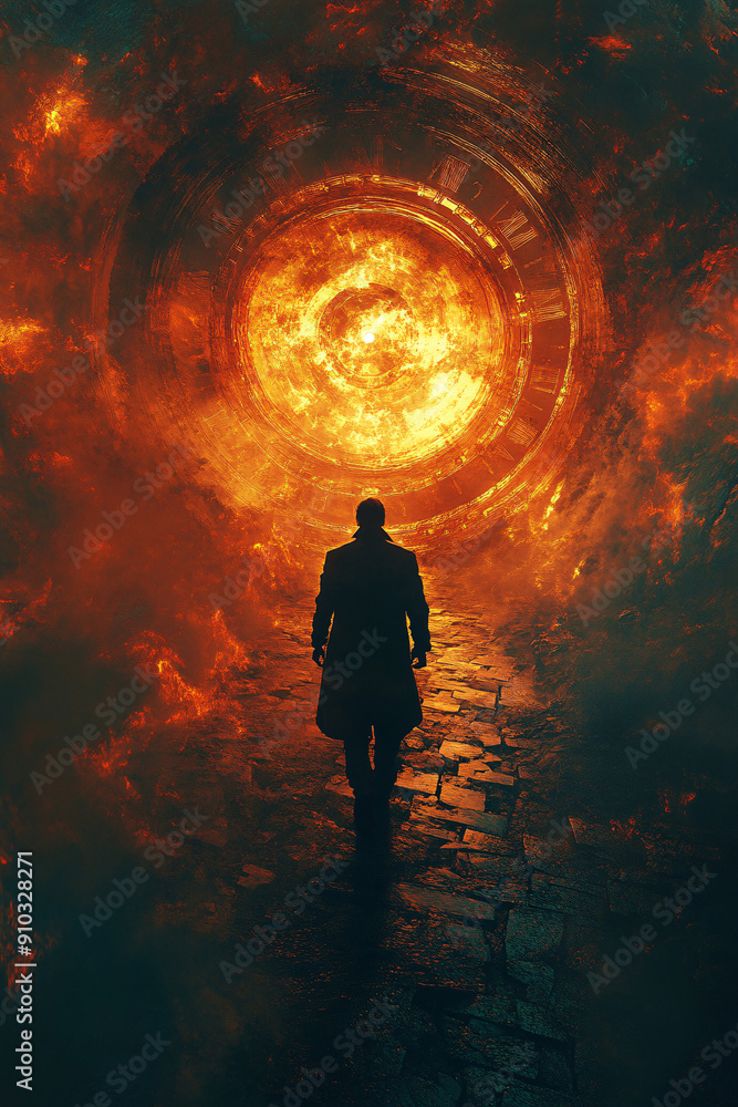 Time Traveler Man walking around large red-illuminated clock face ...