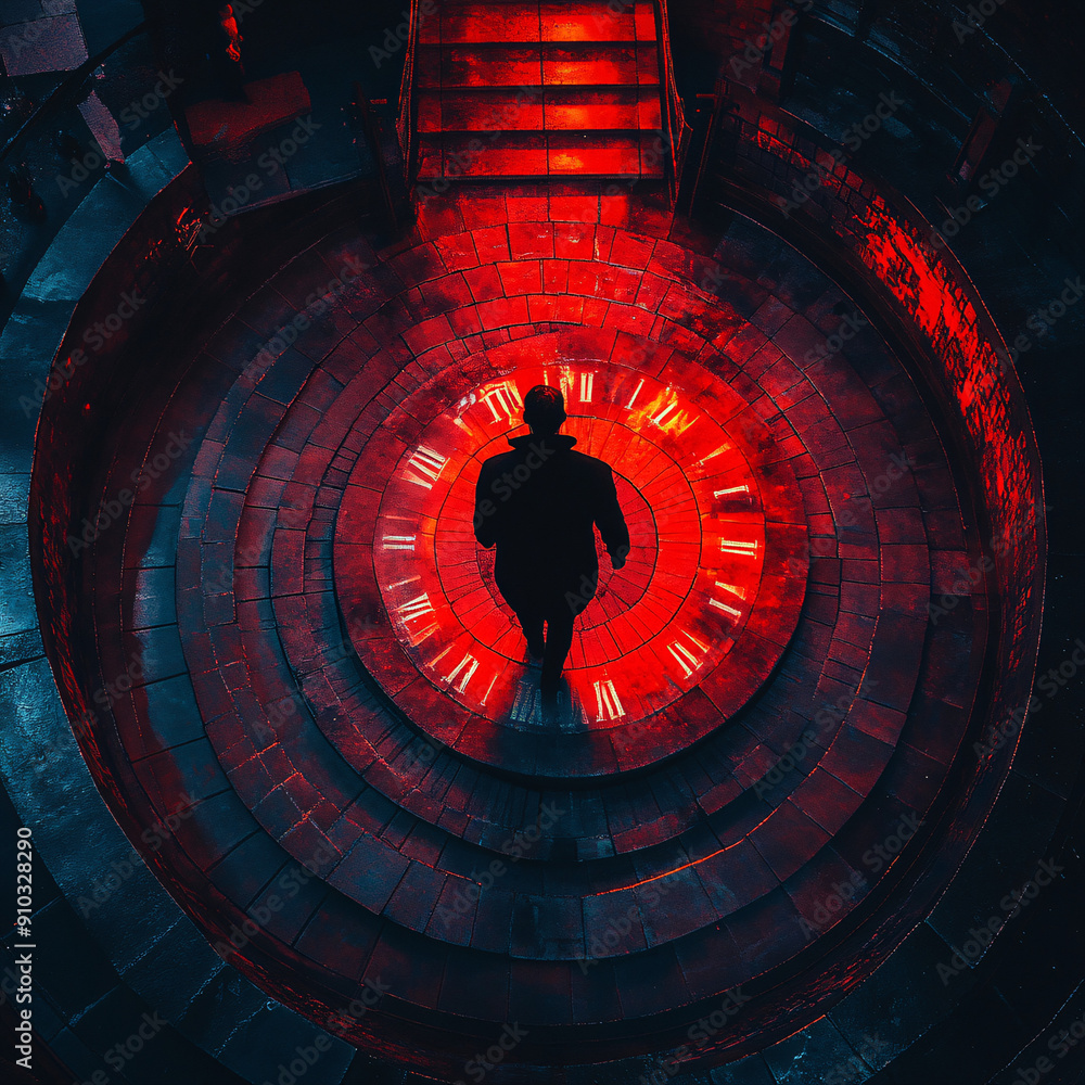 Time Traveler Man walking around large red-illuminated clock face ...