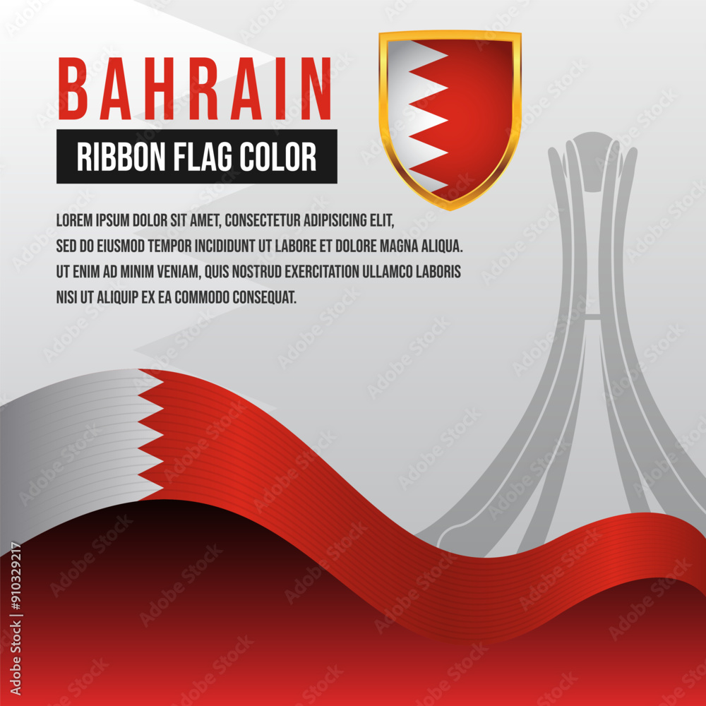 Bahrain ribbon flag with Pearl Roundabout Monument silhouette and ...