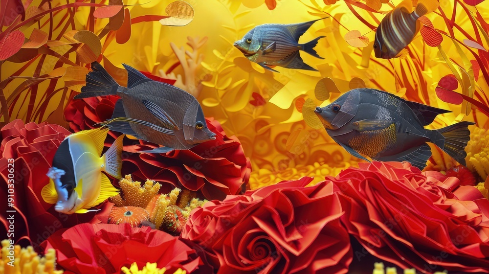 An exotic fish scene featuring angelfish and tangs in a colorful coral ...