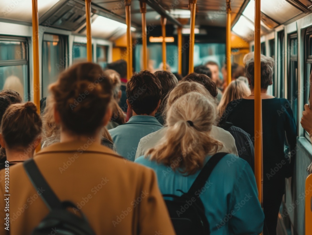 Packed subway train filled with commuters standing closely during busy ...