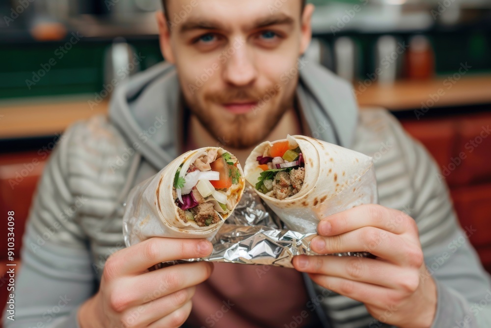 Man eating burritos One man, male sitting in fast food restaurant on ...