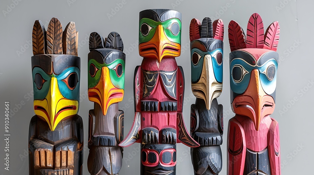 Traditional Native American totem pole with carvings, vibrant colors ...