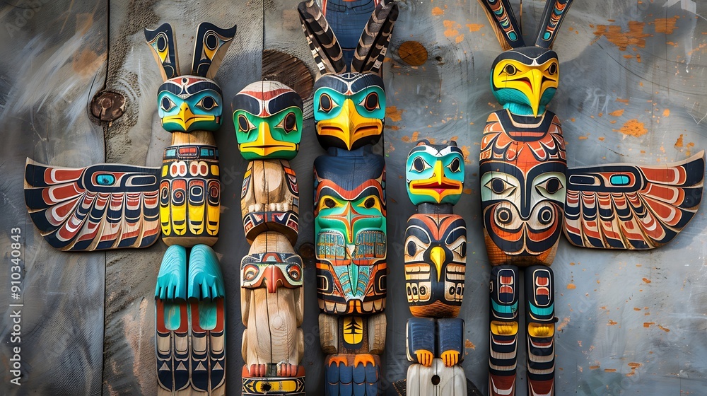 Traditional Native American totem pole with carvings, vibrant colors ...