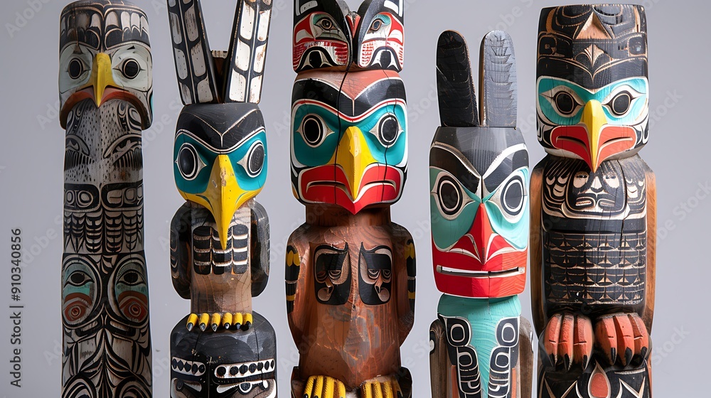 Traditional Native American totem pole with carvings, vibrant colors ...