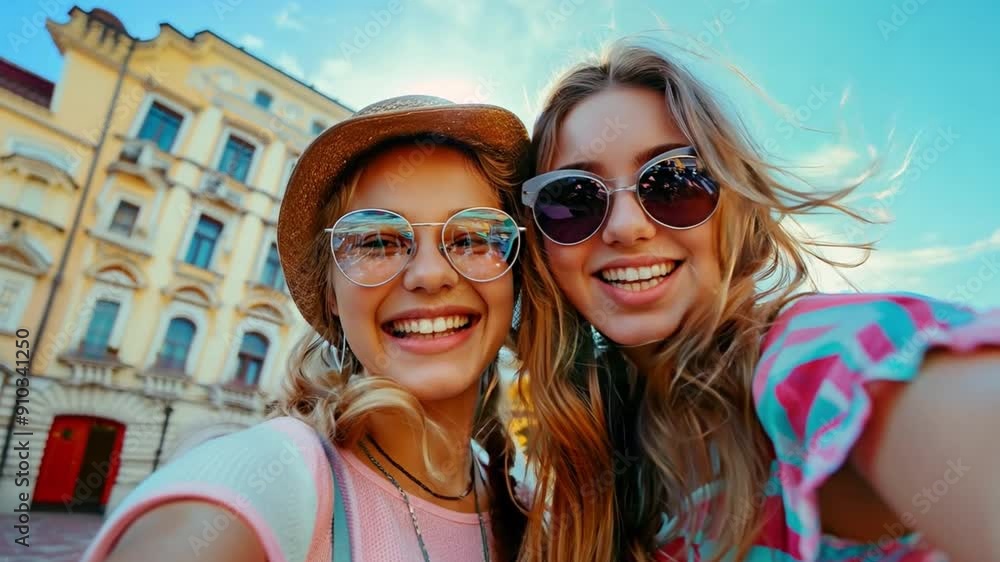 Two young girls using their smartphones to take selfies and self ...
