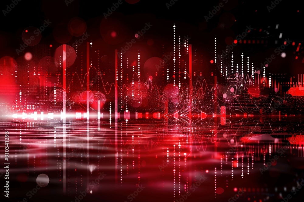 Red glossy background with sound frequency dot meters and chevron ...