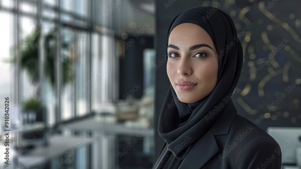 A portrait of an Arabic businesswoman in hijab, wearing professional ...
