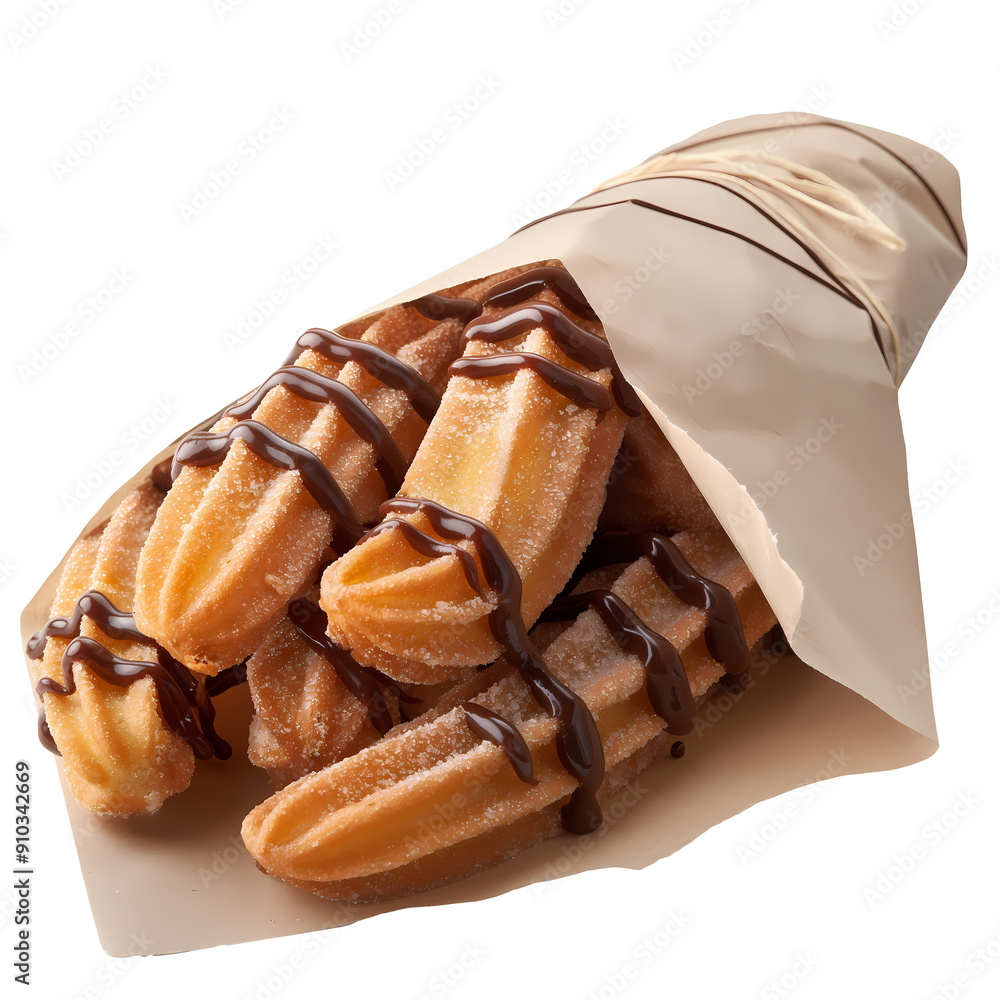 Churros with chocolate topping wrapped in paper to take away. Isolated ...