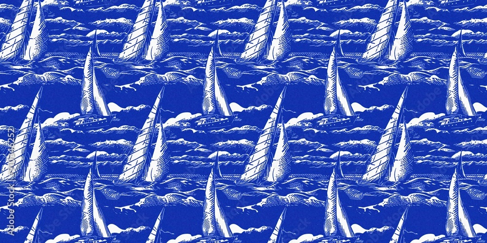 Coastal sail boat in azure ocean blue seamless border background ...