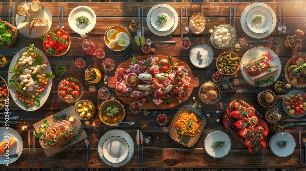 Top view of a full table of delicious European foods and drinks for a ...