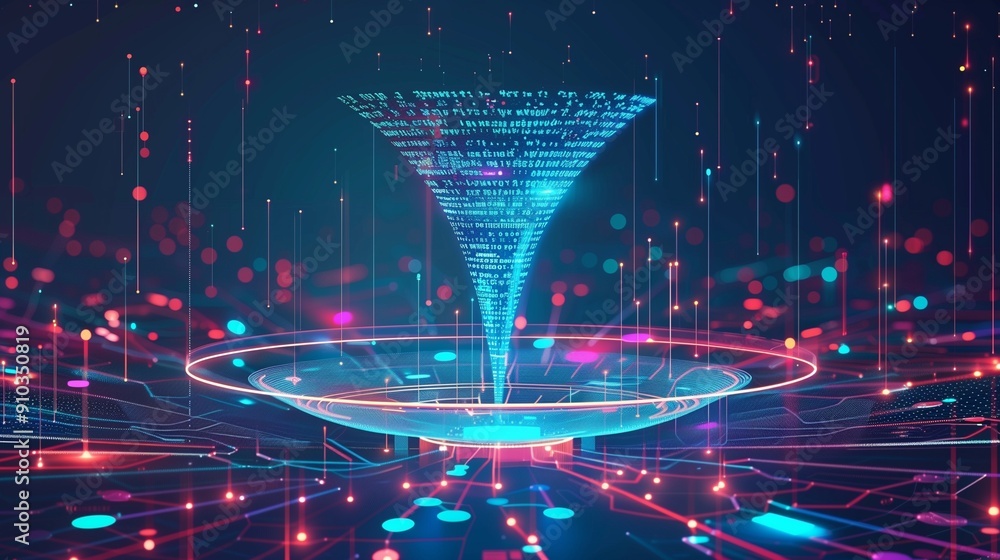 Big data technology and information funnel concept. Large digital ...