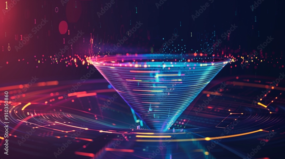 Big data technology and information funnel concept. Large digital ...