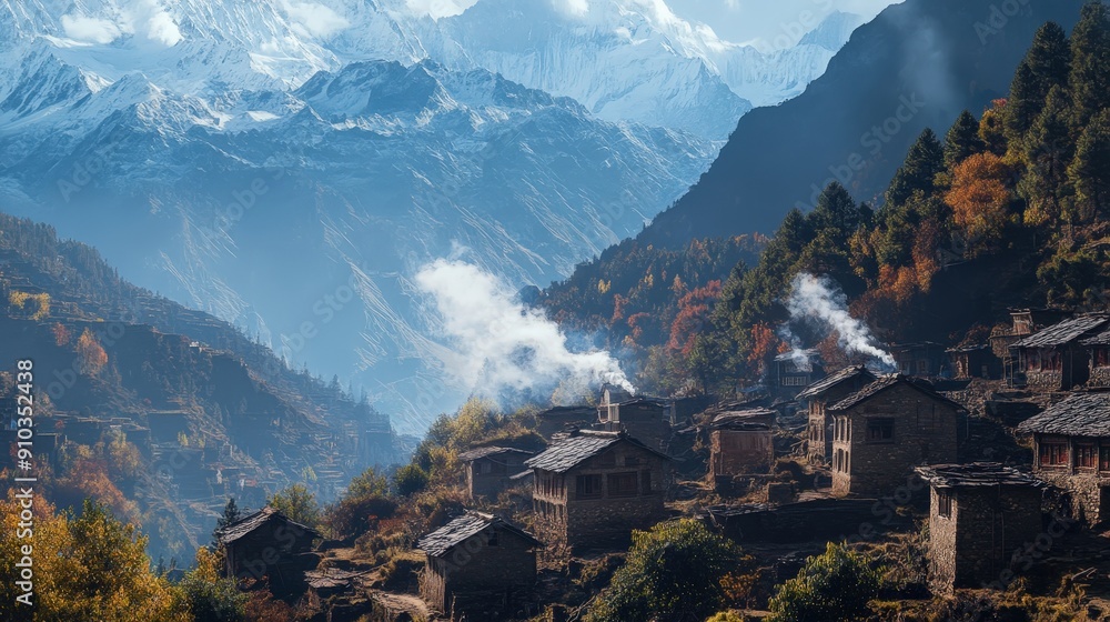 Small Ancient Village Nestled in a Valley Surrounded by Majestic Snow ...