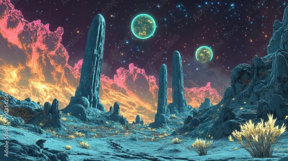 alien landscape with twin moons rising over a horizon of crystalline ...