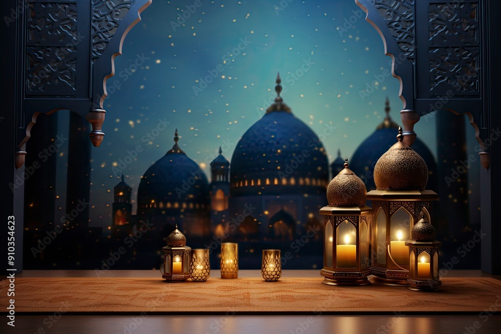 Ramadan Kareem realistic night view background with Arabic style border ...