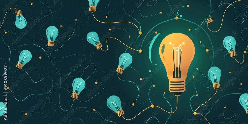 One glowing light bulb connected to many other small blue bulbs on dark ...