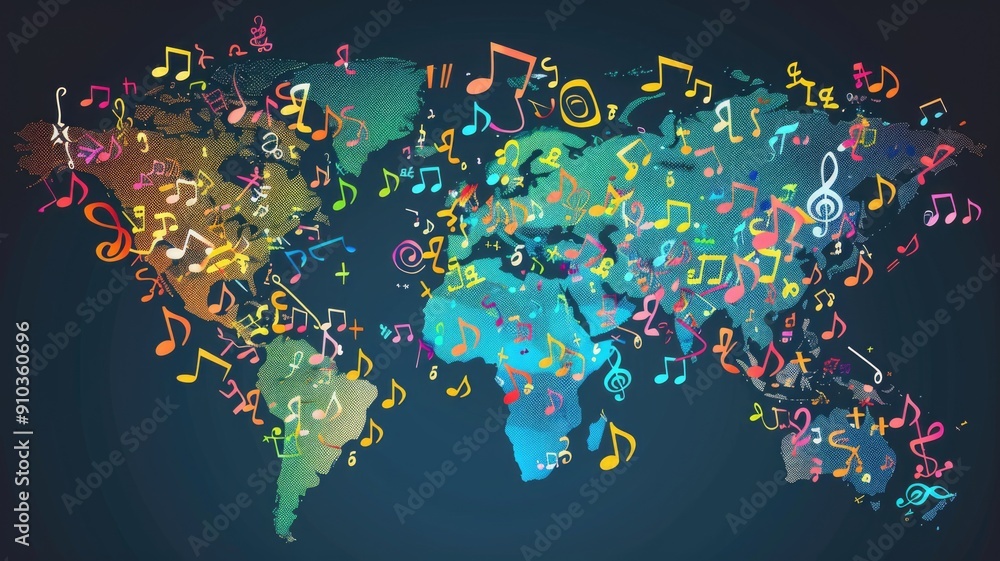 A world map with musical notes and symbols overlaying different ...