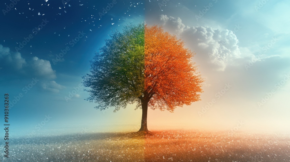 Lonely tree depicted through four seasons in a time-lapse style ...