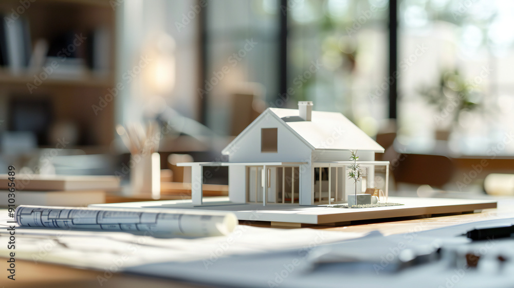 Architectural Model of a Modern House on a Desk with Blueprints and ...