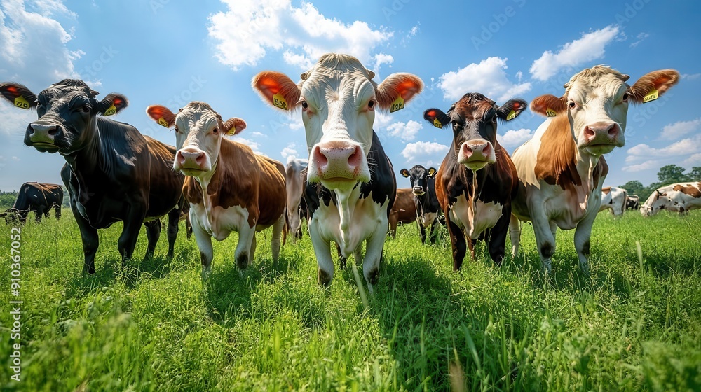 diverse herd of cattle grazing in lush green pasture under blue sky ...