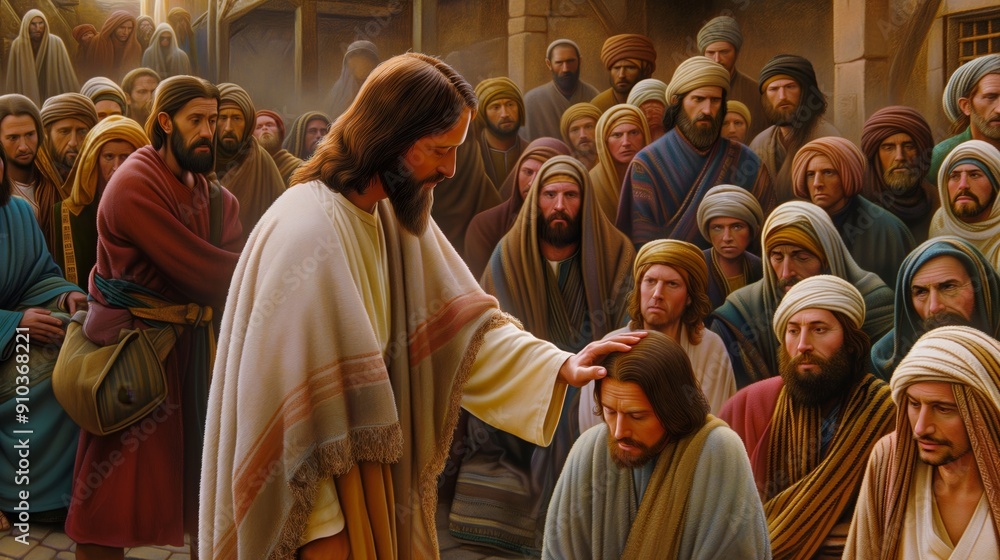 Jesus heals a sick man by touching his head, against the background of ...