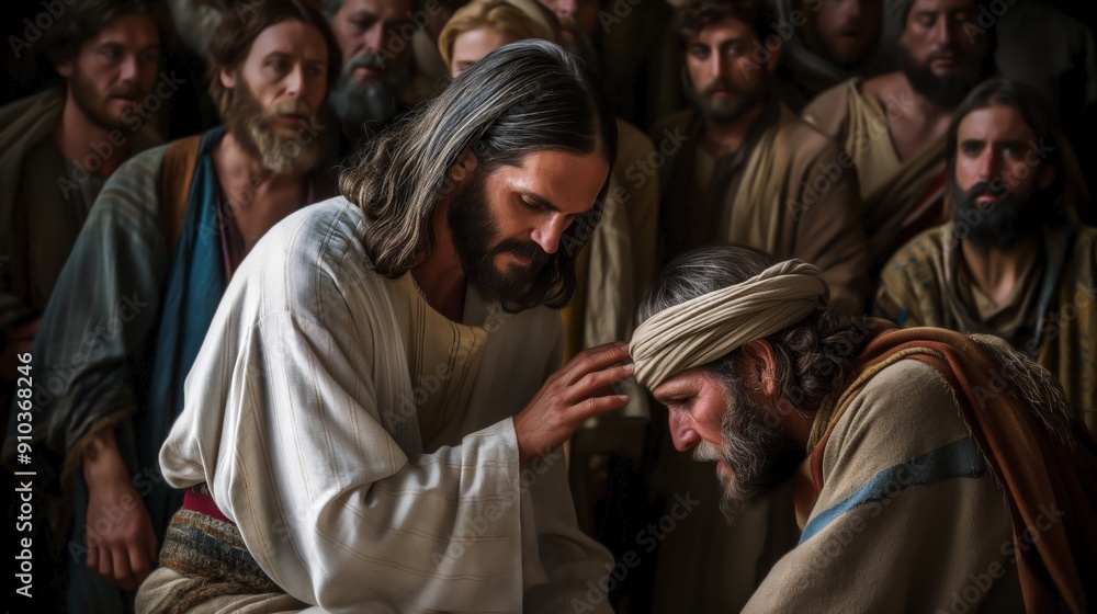 Jesus heals a sick man by touching his head, against the background of ...