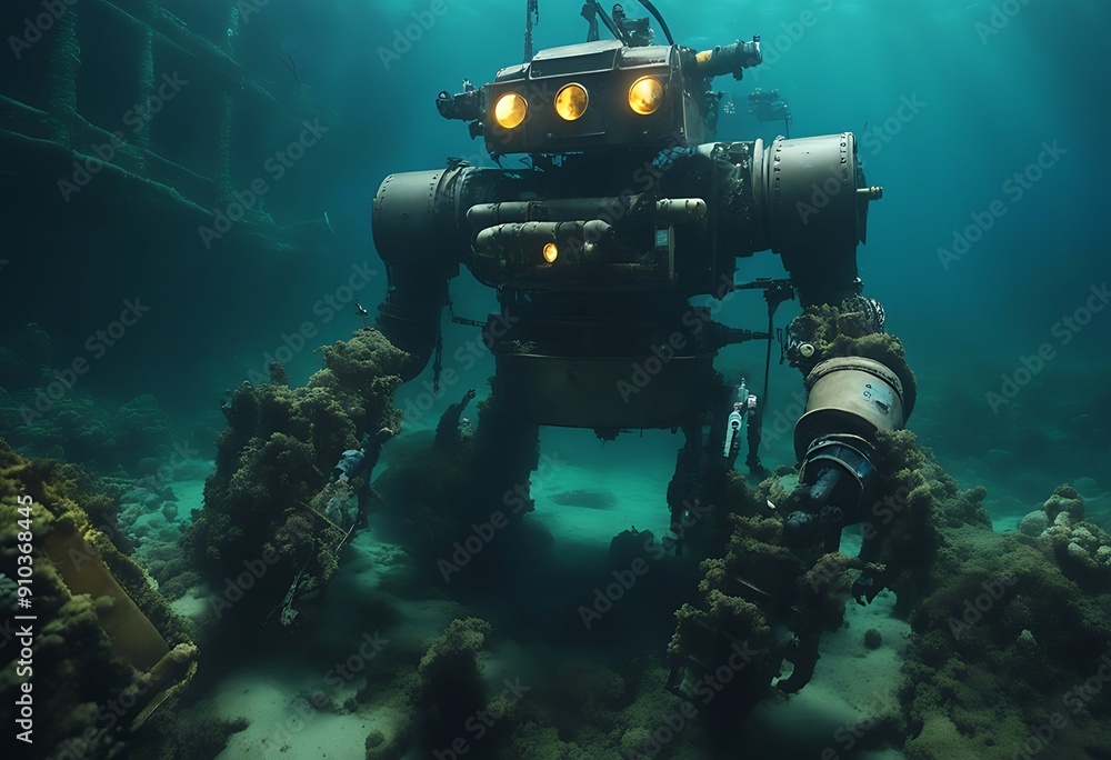 inspects robot ship sunken water deep lost submarine explorer blue boat ...