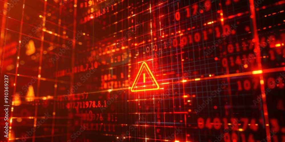 Abstract red digital background with an orange exclamation sign and warning triangle symbol on a ...