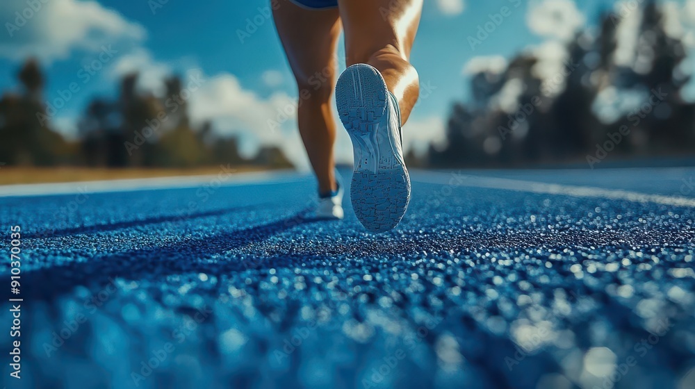 ภาพประกอบสต็อก dynamic lowangle shot of a female runner on a vibrant ...