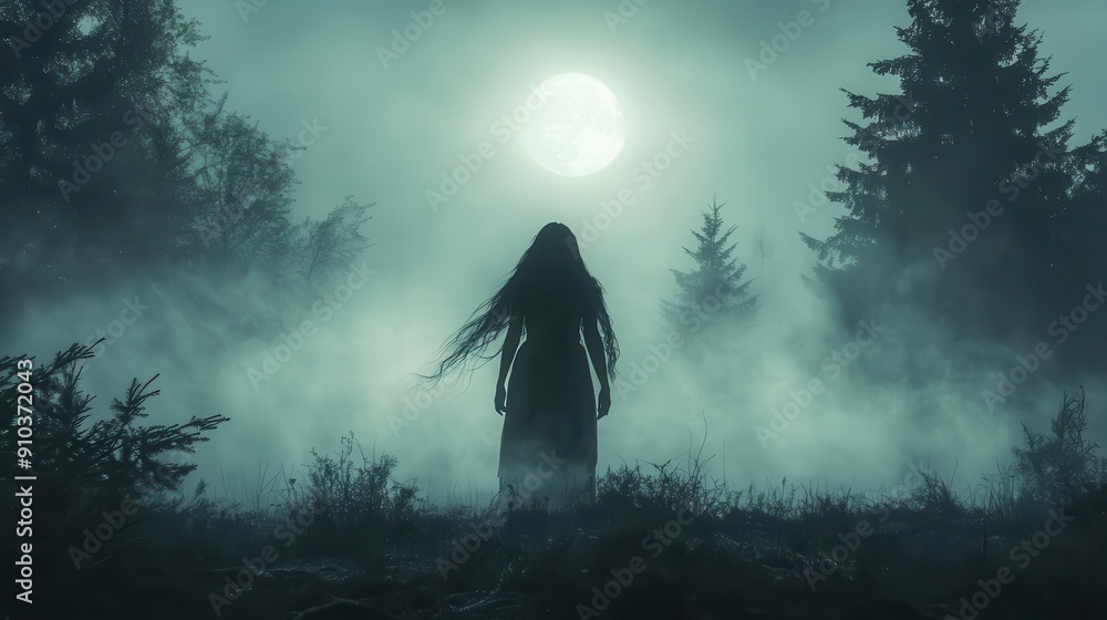 eerie silhouette of a ghostly woman with long flowing hair emerging from a misty moonlit forest ...