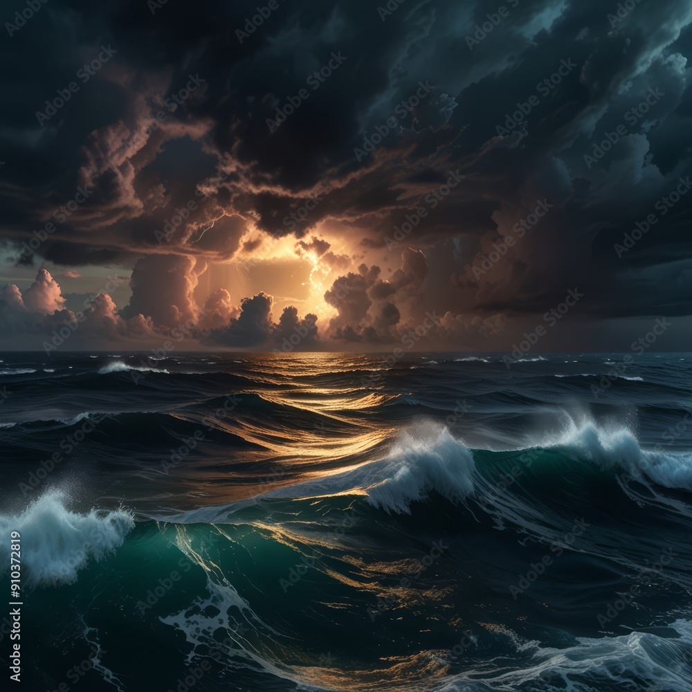 A dramatic, cinematic view of the Bermuda Triangle from above, with ...