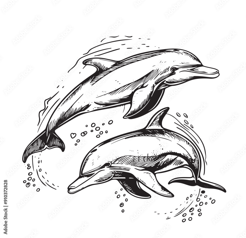 Hand drawing of dolphins. Sketch Art. Vector illustration of a cute ...