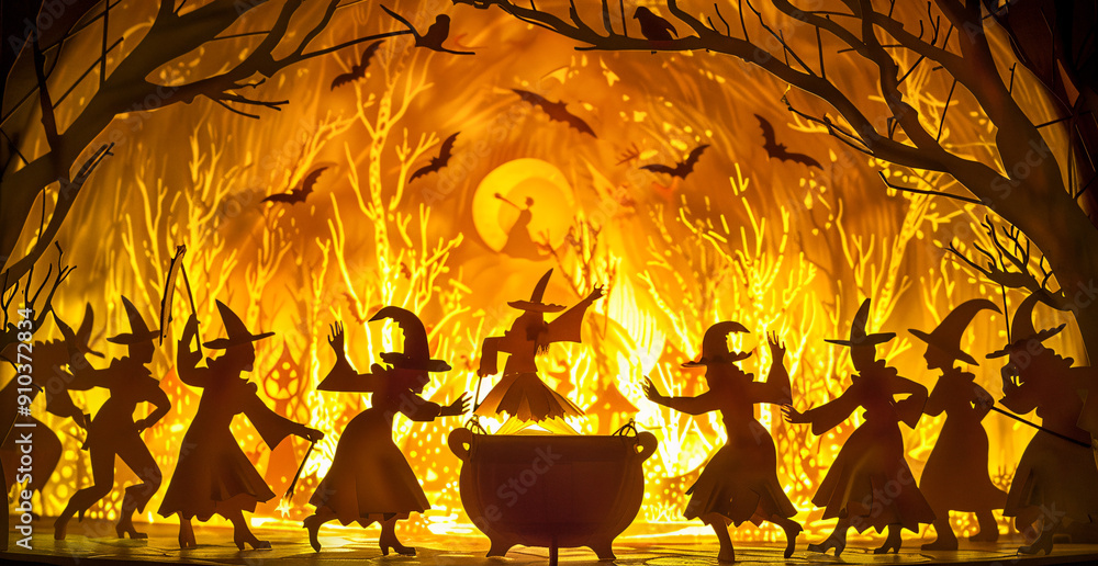 Silhouettes of witches dancing around a cauldron in a dark forest ...